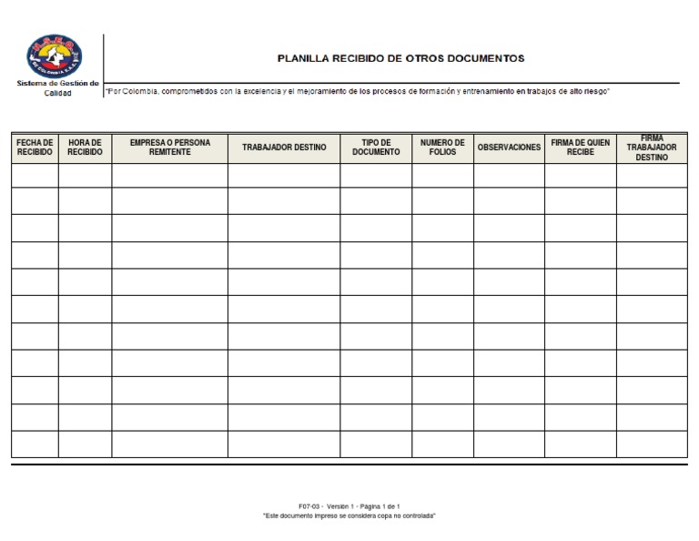 F07-03 Planilla de Recibido de Otros Documentos | PDF