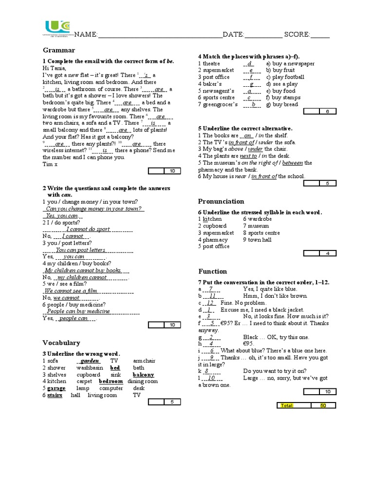 Grammar: NAME: - DATE: - SCORE | PDF