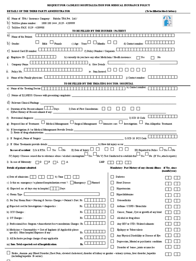 Request for Cashless Hospitalization and Medical Insurance Claim Form ...