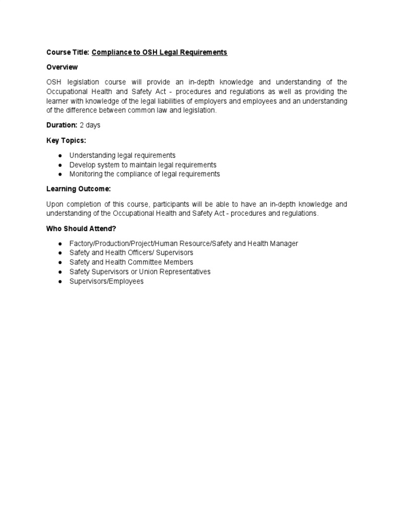 OSH Compliance Training Course | PDF | Occupational Safety And Health ...