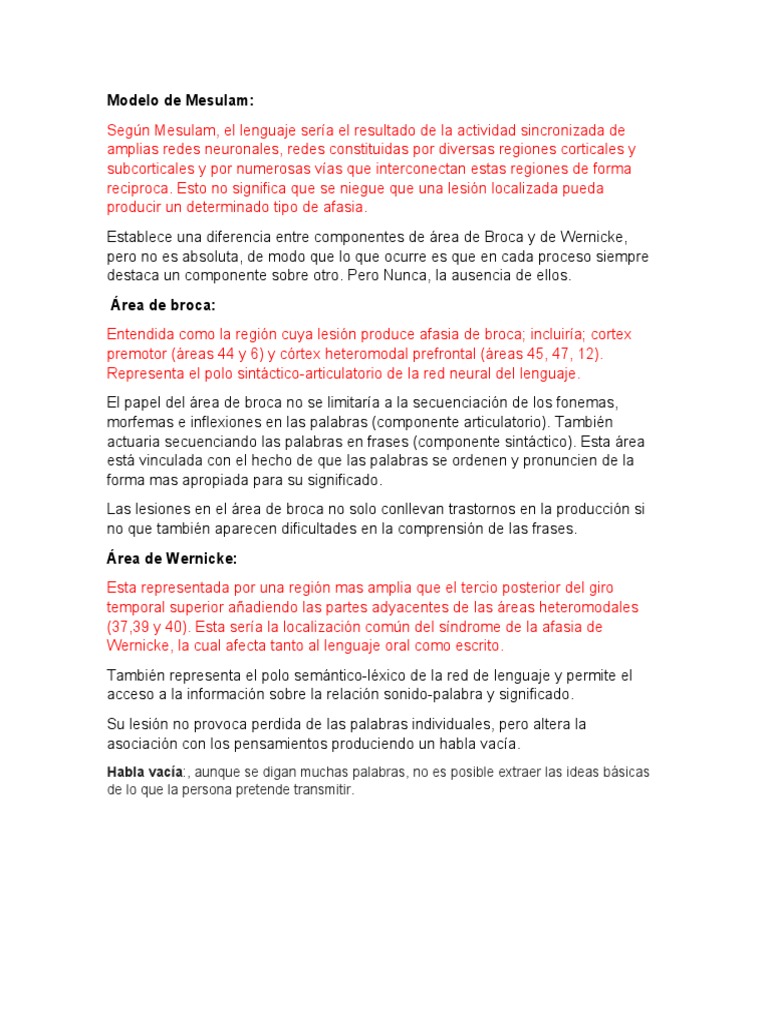 Modelo de Mesulam | PDF | Afasia | Conceptos psicologicos
