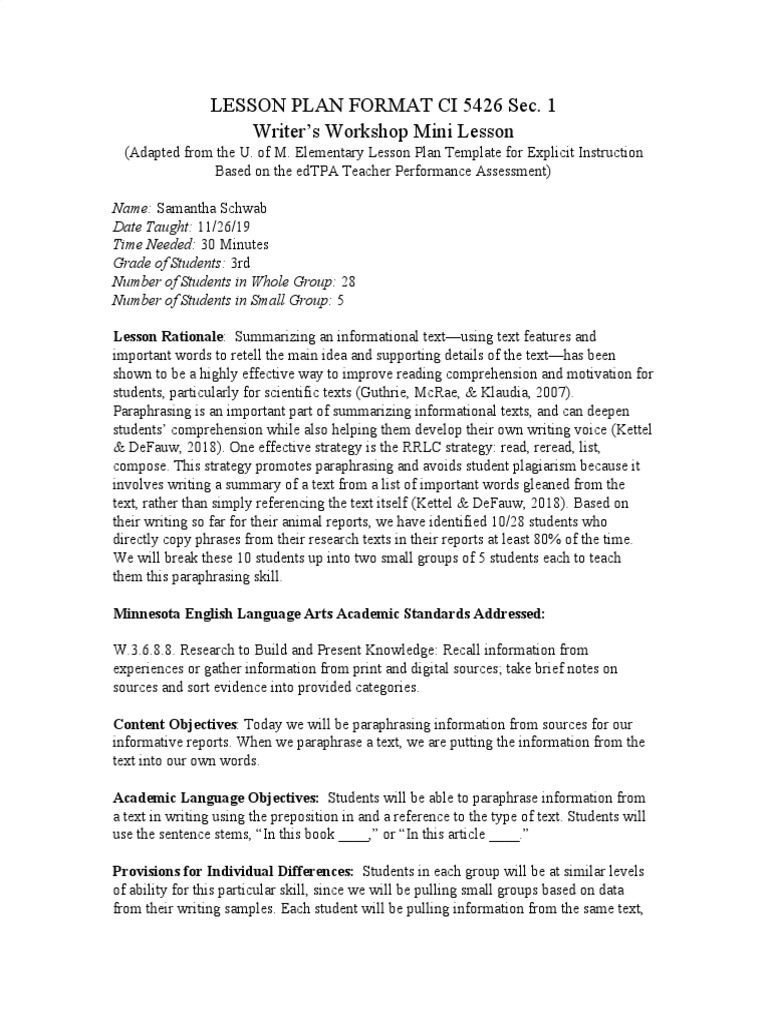 Writing Mini Lesson Samantha Schwab | PDF | Reading Comprehension ...
