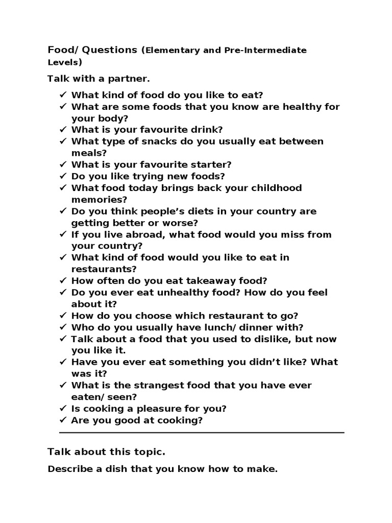 Food/ Questions: Elementary and Pre-Intermediate Levels | PDF