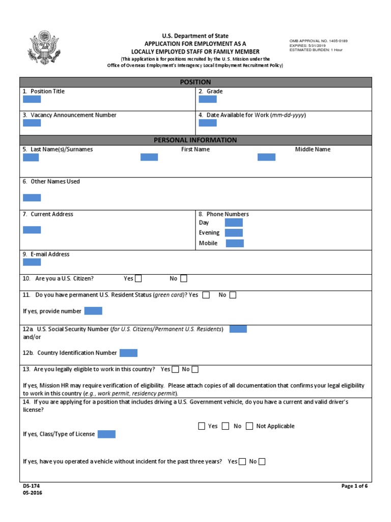 Position: U.S. Department of State Application For Employment As A ...