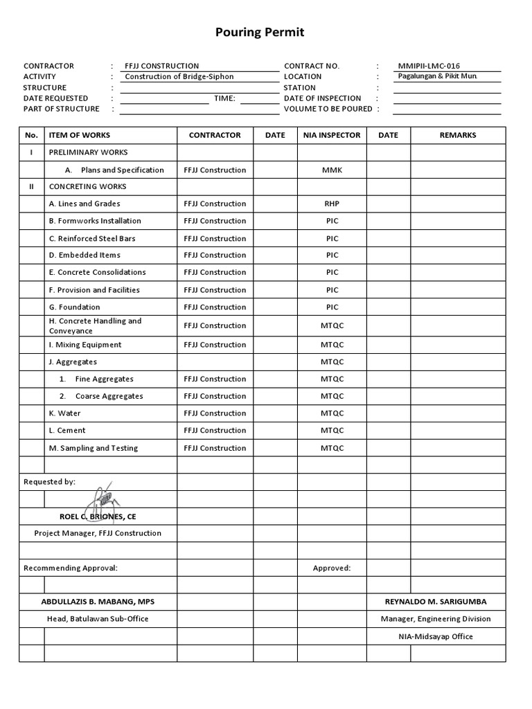 Pouring Permit: No. Item of Works Contractor Date Nia Inspector Date Remarks | PDF ...