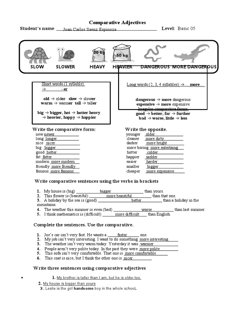 Comparative Adjectives: Slow Slower Heavy Heavier Dangerous More ...