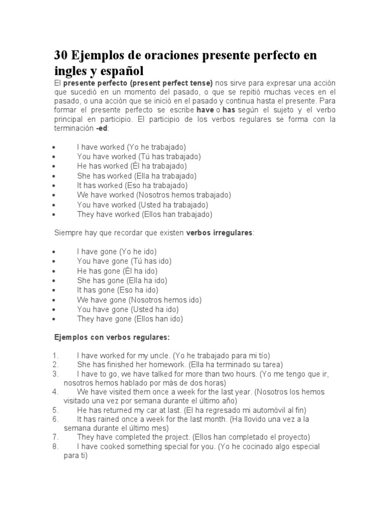 30 Ejemplos De Oraciones Presente Perfecto En Ingles Y Español Pdf