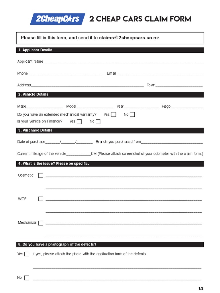 2 Cheap Cars Claim Form: Please Fill in This Form, and Send It To ...