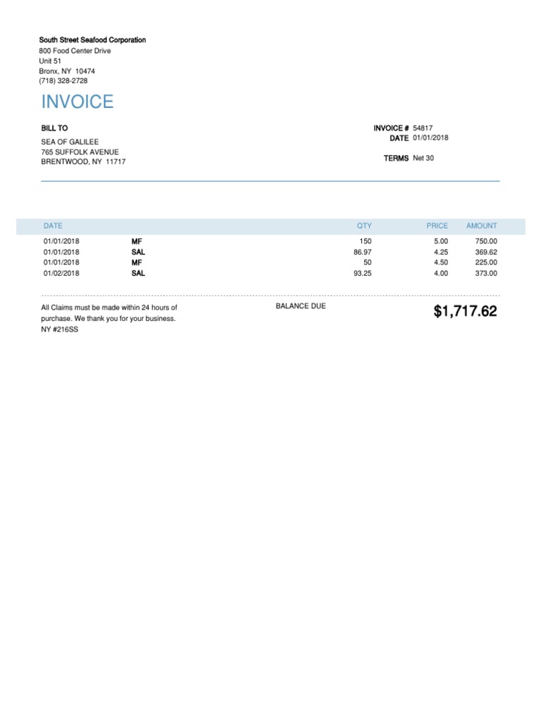 Invoice 54817 From South Street Seafood Corporation PDF | PDF