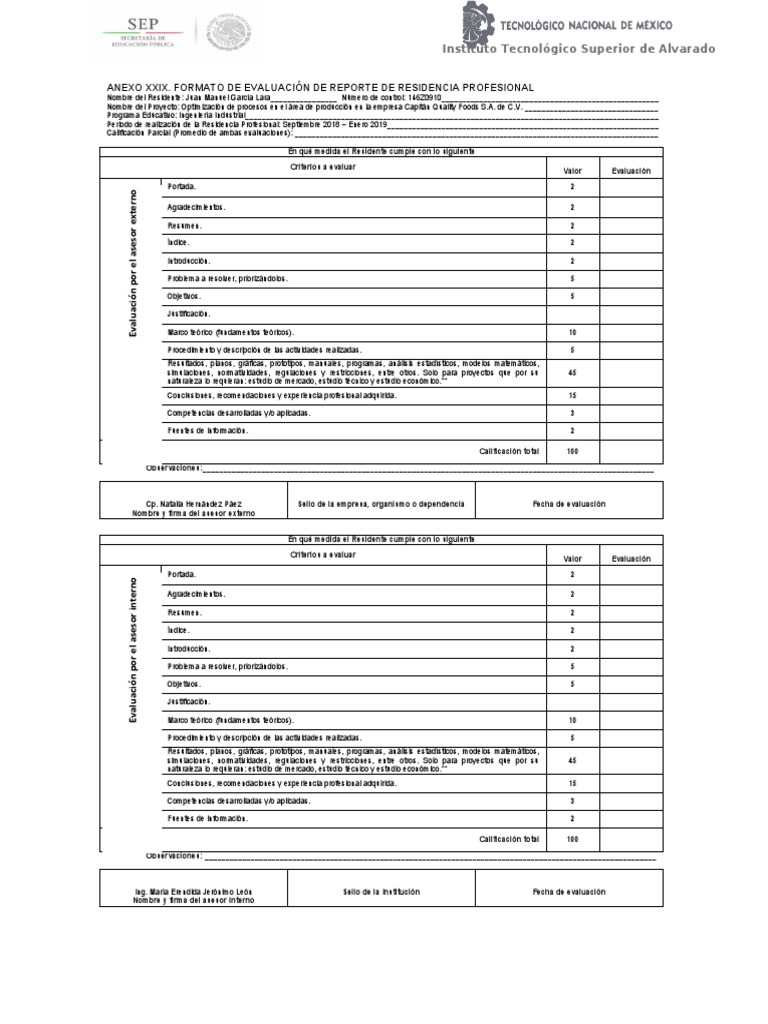 Anexo Xxx. Formato de Evaluacion de Reporte de Residencia Profesional | PDF | Simulación ...