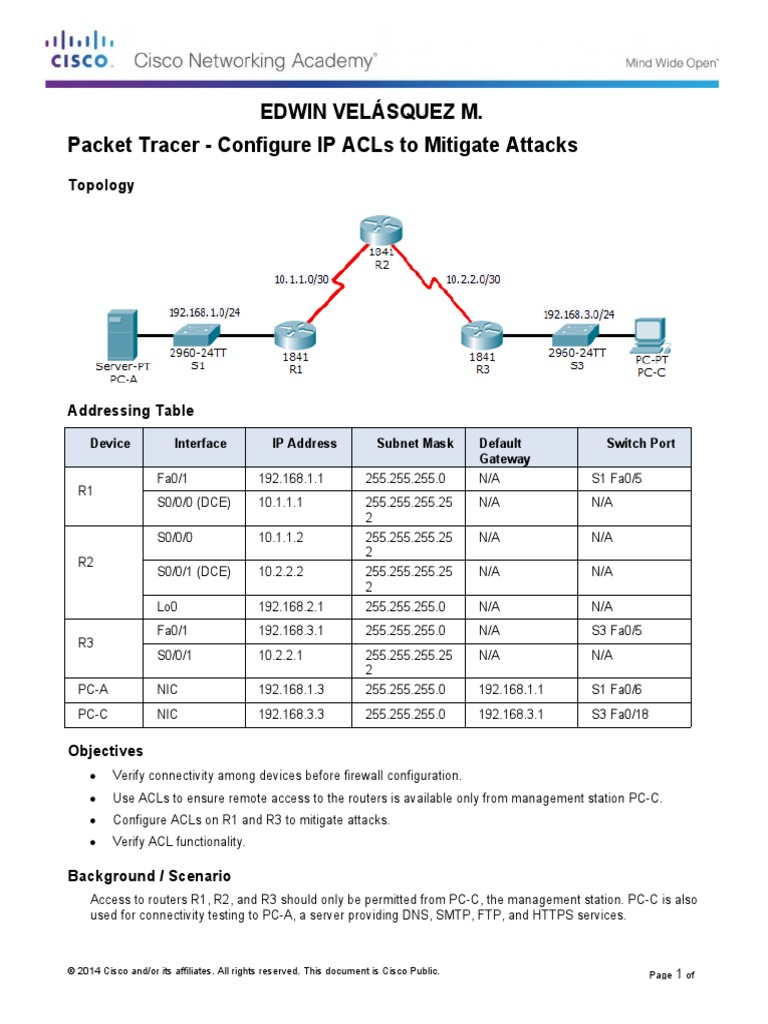 4.4.1.2 Packet Tracer - Configure IP ACLs To Mitigate Attacks - Instructor | PDF | Router ...