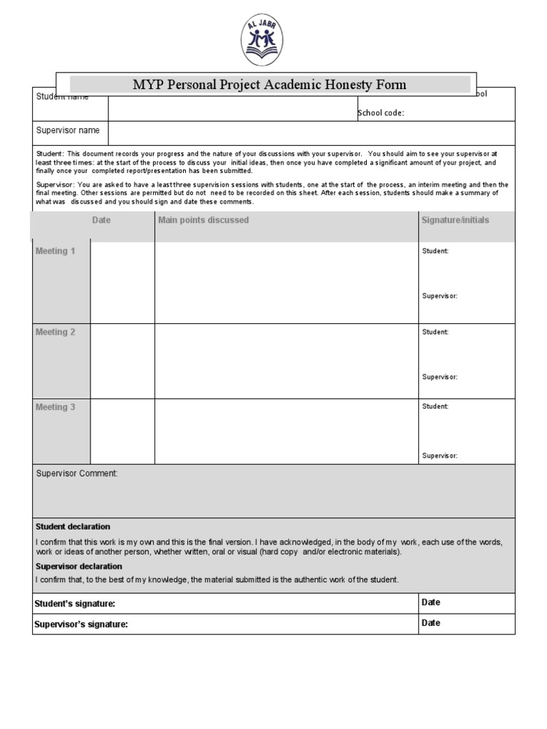 MYP Personal Project Academic Honesty Form: Student Name | PDF