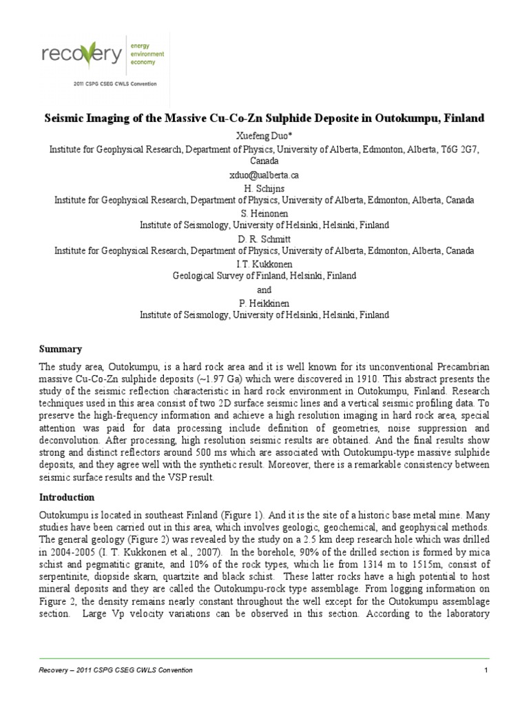 102-Seismic Imaging of The Massive Cu-Co-Zn Sulphide Deposite | PDF | Reflection Seismology ...