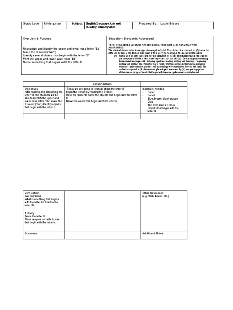 Lesson Plan For Letter B | PDF | Writing | Semiotics