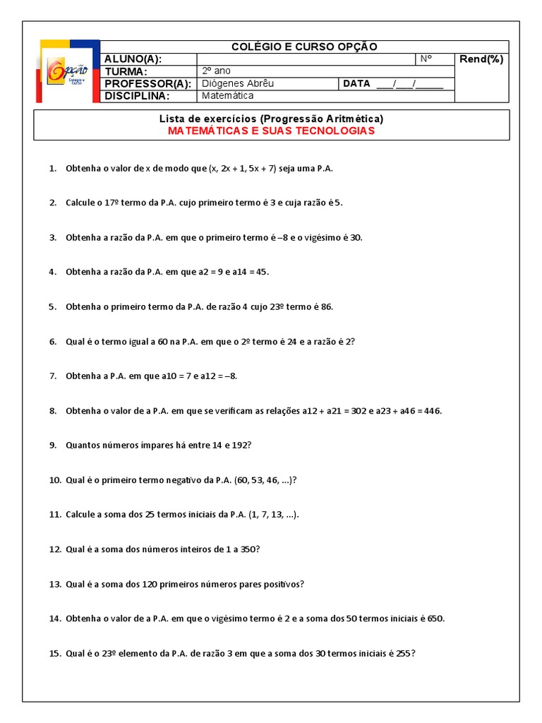 Exercícios de Progressão Aritmética | PDF