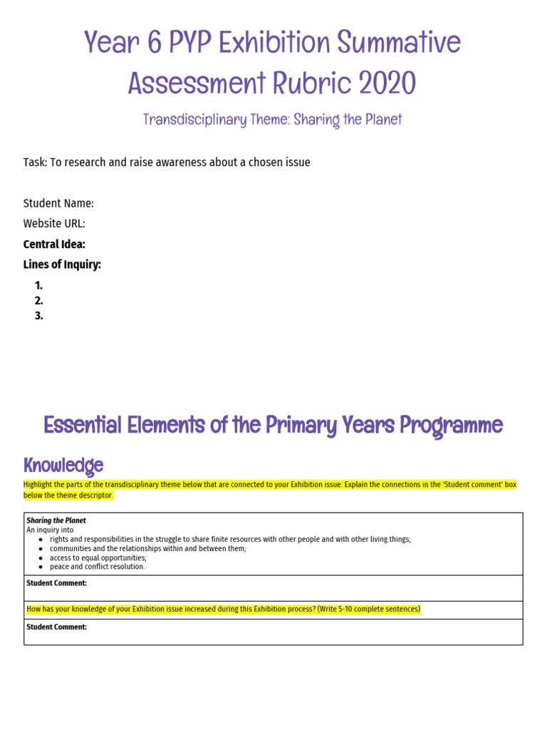 Year 6 Pyp Exhibition Summative Assessment Rubric 2020 | PDF ...