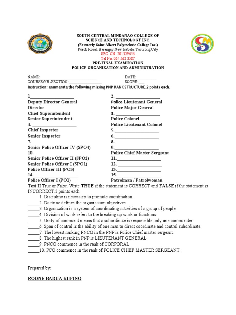 Police 3.: Instruction: Enumerate The Following Missing PNP RANK ...