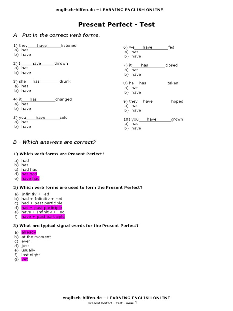 Learning English Present Perfect Test | PDF | Verb | Linguistic Typology