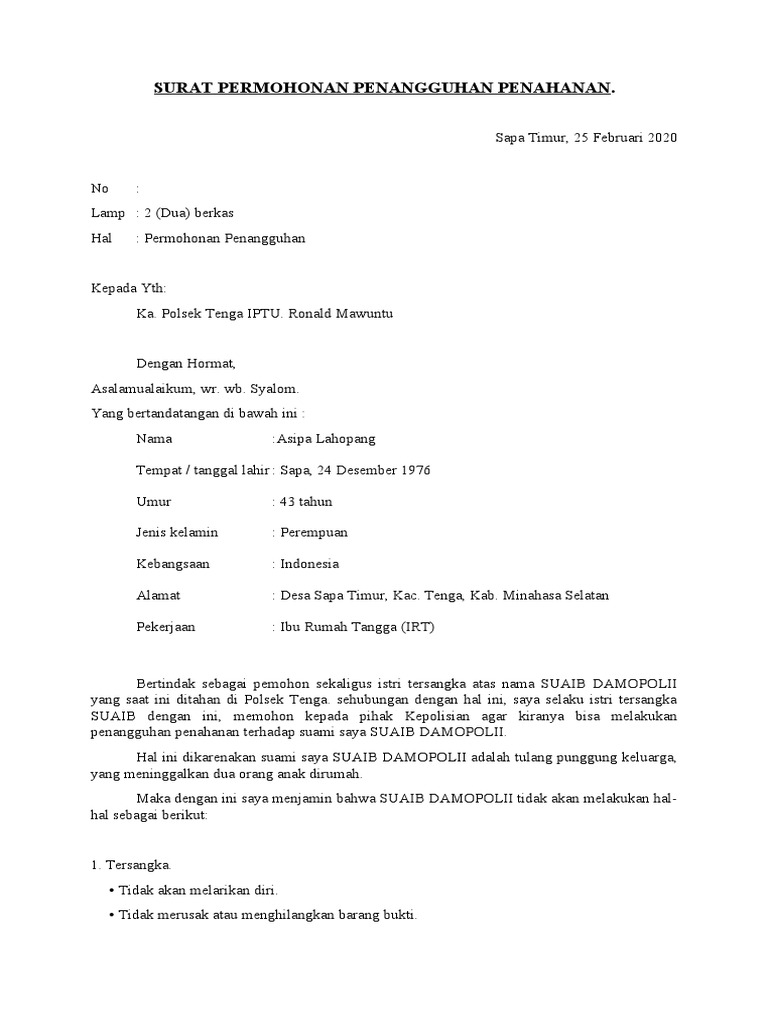 Surat Permohonan Penangguhan Penahanan | PDF