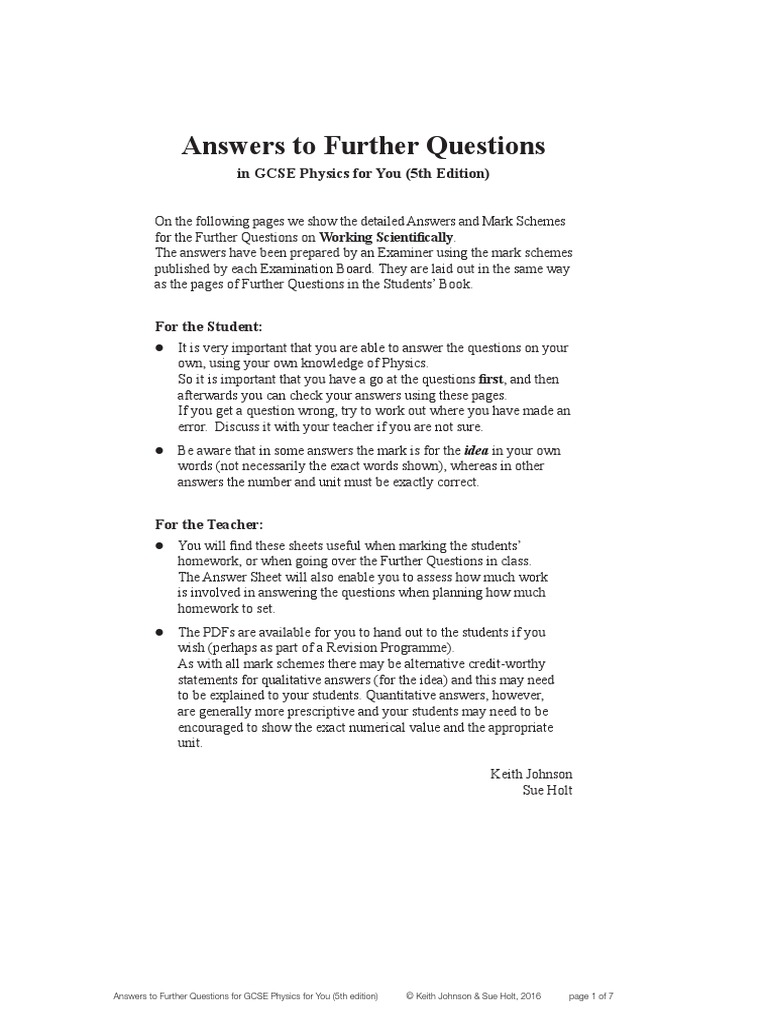 Answers To Further Questions: in GCSE Physics For You (5th Edition ...
