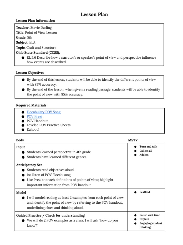 Pov Lesson | PDF | Narration | Lesson Plan