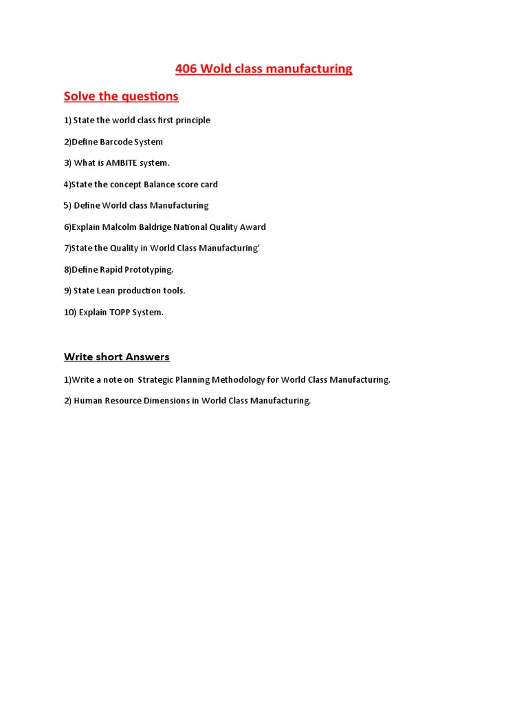 406 Wold Class Manufacturing Solve The Questions: Write Short Answers ...