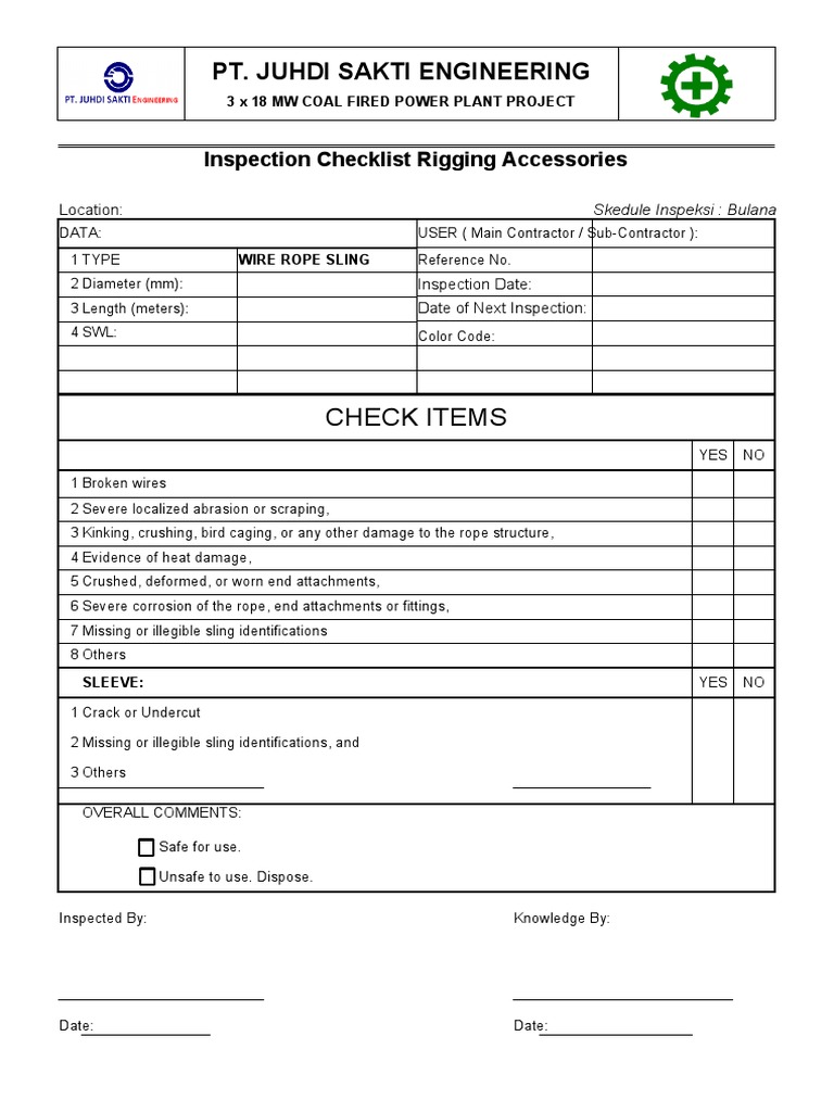 06 JSE - Form - Inspection Lifting Gear | PDF | Rope | Mechanical ...