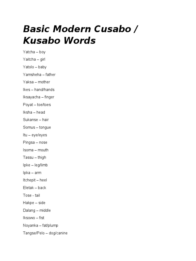 Modern Cusabo Vocabulary Guide | PDF | Nature
