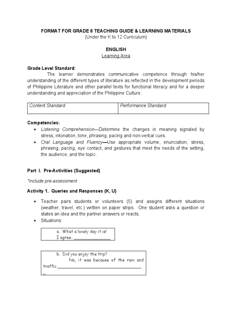Format For Grade 8 Teaching Guide & Learning Materials: Content ...