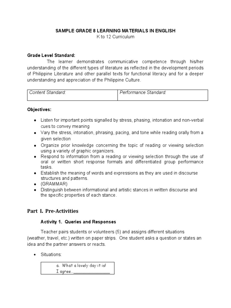 Grade 8 English Learning Materials | PDF | Nonverbal Communication ...