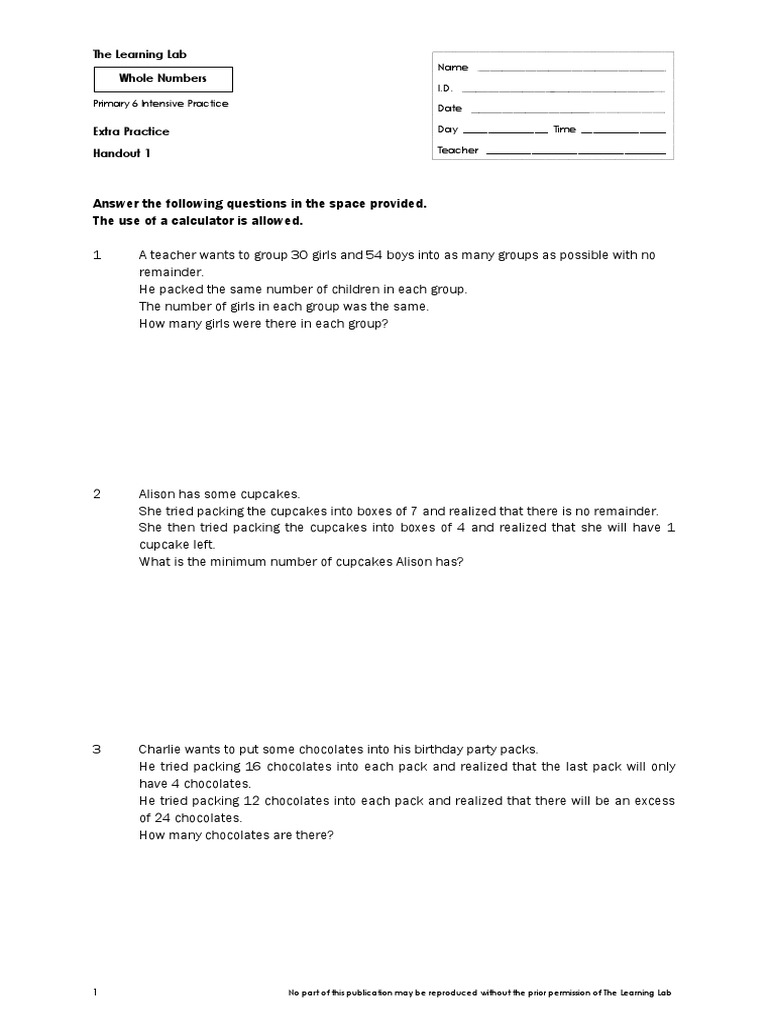 P6 Math Practice: Whole Numbers Exercises | PDF | Teaching Mathematics