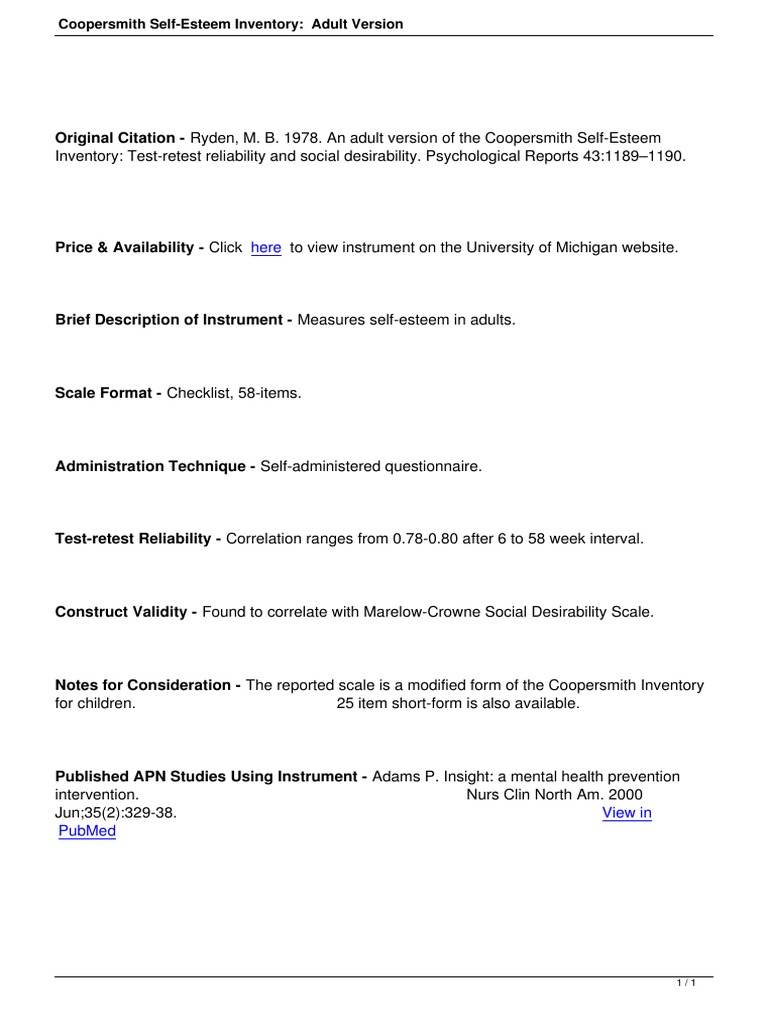 Coppersmith Self Esteem Inventory Adult Version | PDF