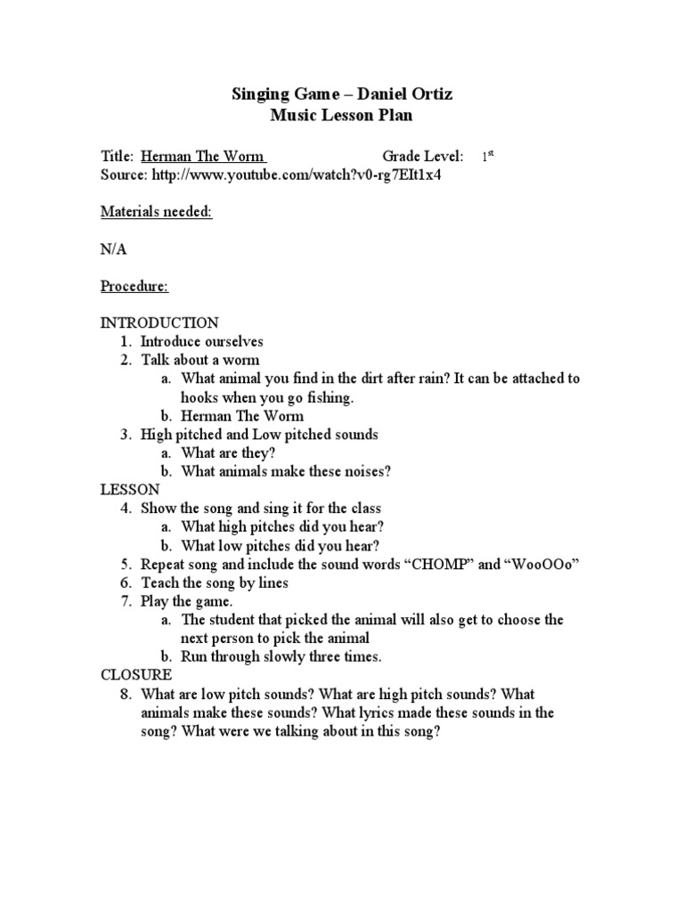 Singing Game - Daniel Ortiz Music Lesson Plan | PDF | Sound | Lesson Plan