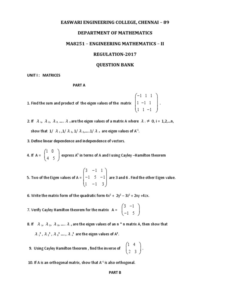 Ma8251 - Engineering Mathematics - Ii - QB | PDF | Matrix (Mathematics) | Eigenvalues And ...