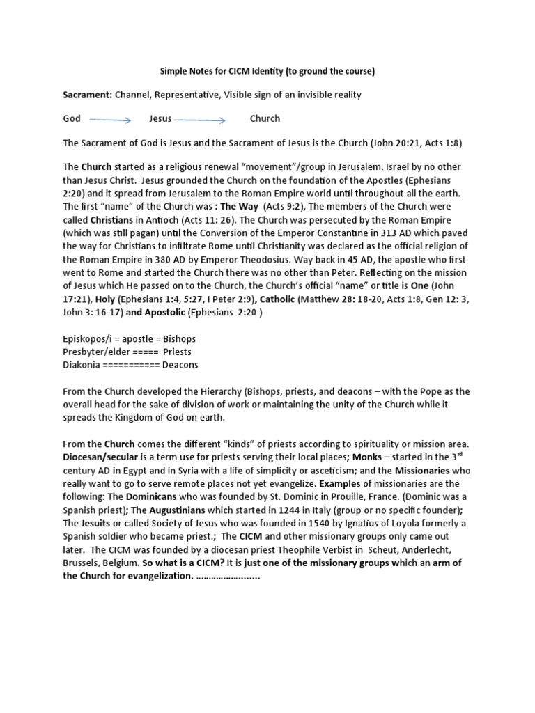 Simple Notes For Cicm Identity | PDF | Bishop | Catholic Church