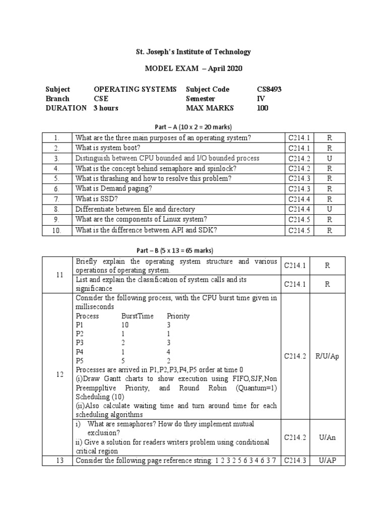 SET I CS8493 QP Model 2020 | PDF | Scheduling (Computing) | Operating System Technology