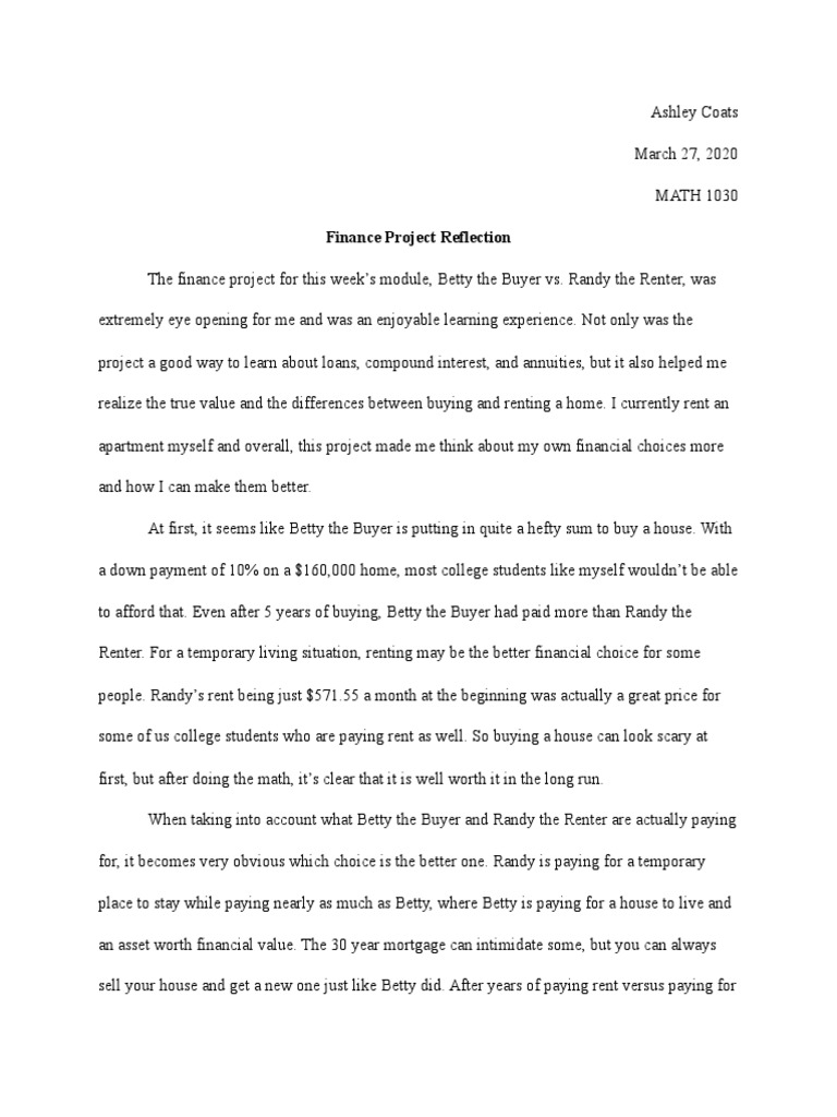 Finance Project Reflection Math 1030 | PDF | Mortgage Loan | Renting