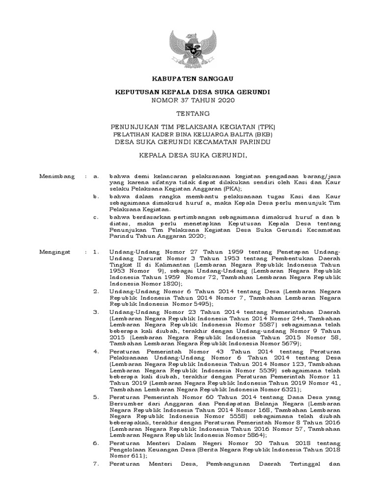 SK TPK Pelatihan Kader Bina Keluarga Balita (BKB) | PDF