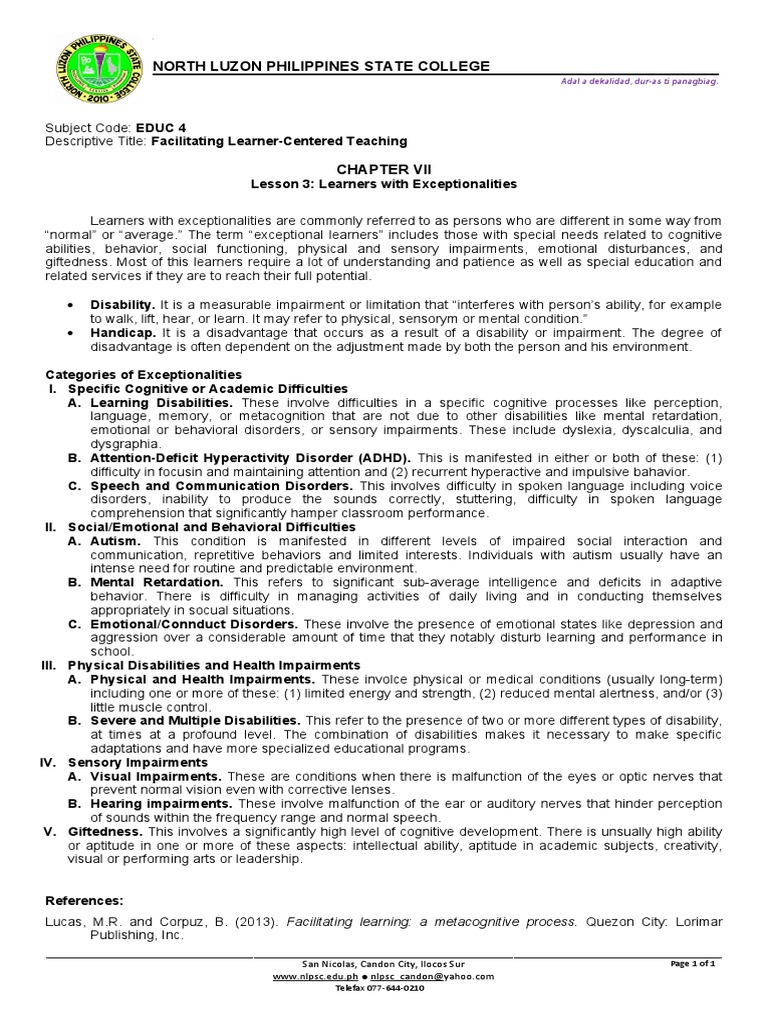 Lesson 6 Learners With Exceptionalities | PDF | Disability ...