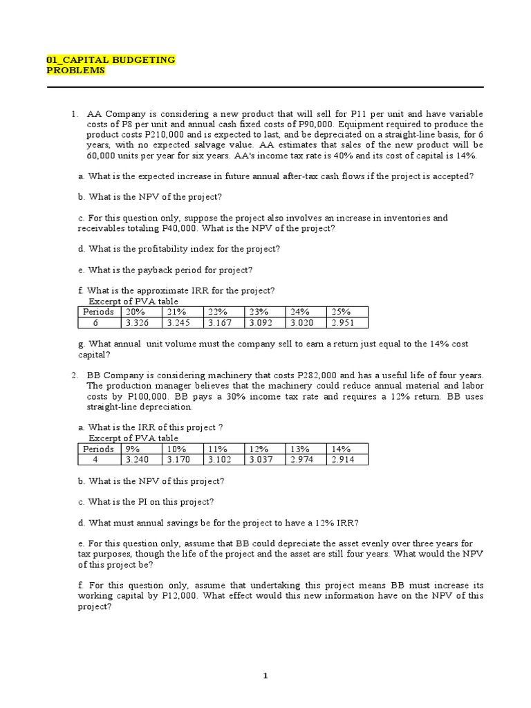 Capital Budgeting Problems | PDF | Depreciation | Net Present Value