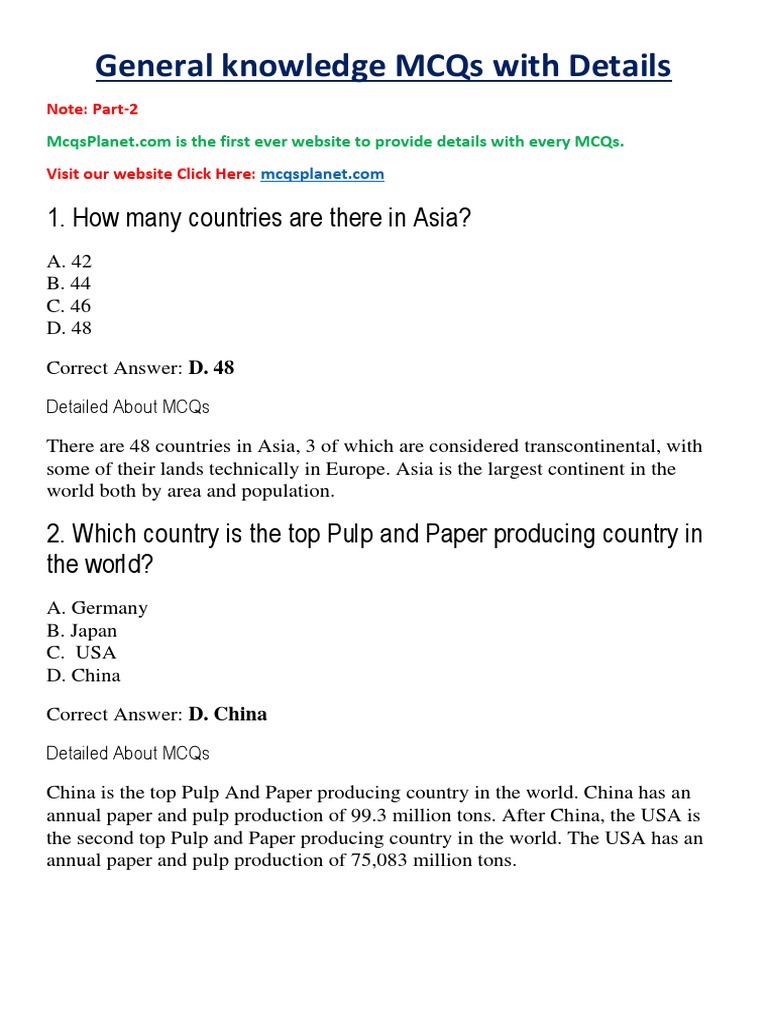 Very Important General Knowledge MCQs With Details | PDF