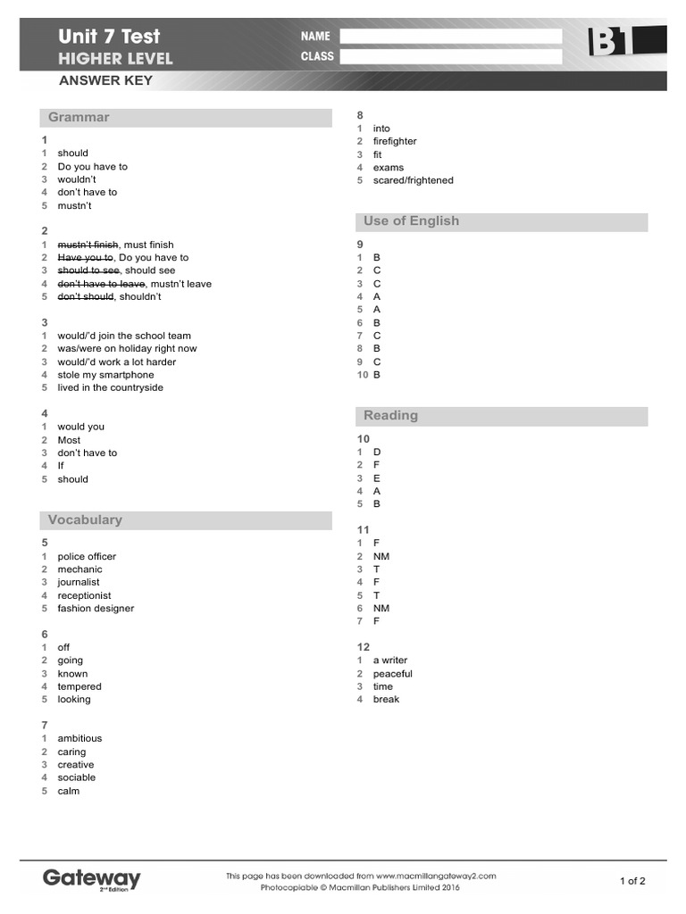 B1 UNIT 7 Test Answer Key Higher | PDF | Learning | Cognition