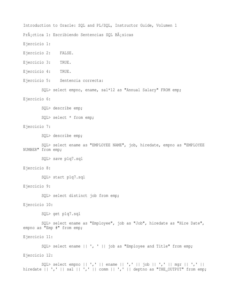 Respuestas Oracle PL-SQL Practica 1 | PDF