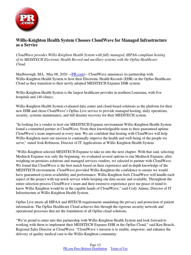 Willis-Knighton Health System Chooses CloudWave For Managed Infrastructure As A Service | PDF ...
