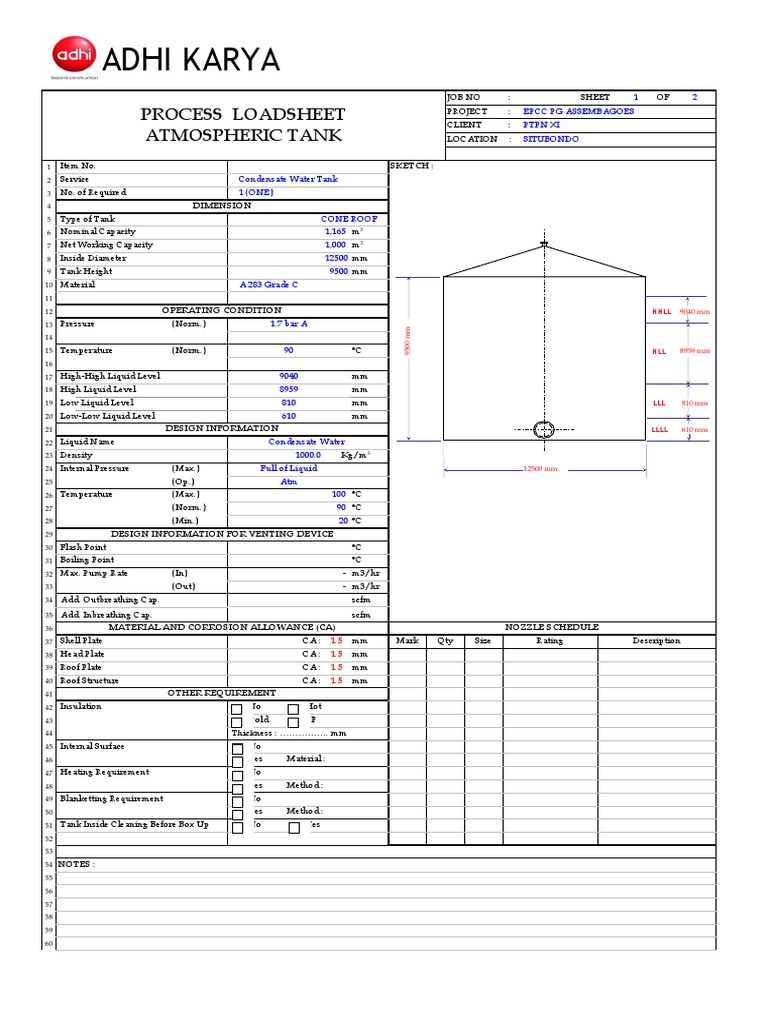 Condensate Water Tank Data Sheet (1000 m3) | PDF | Mechanical ...