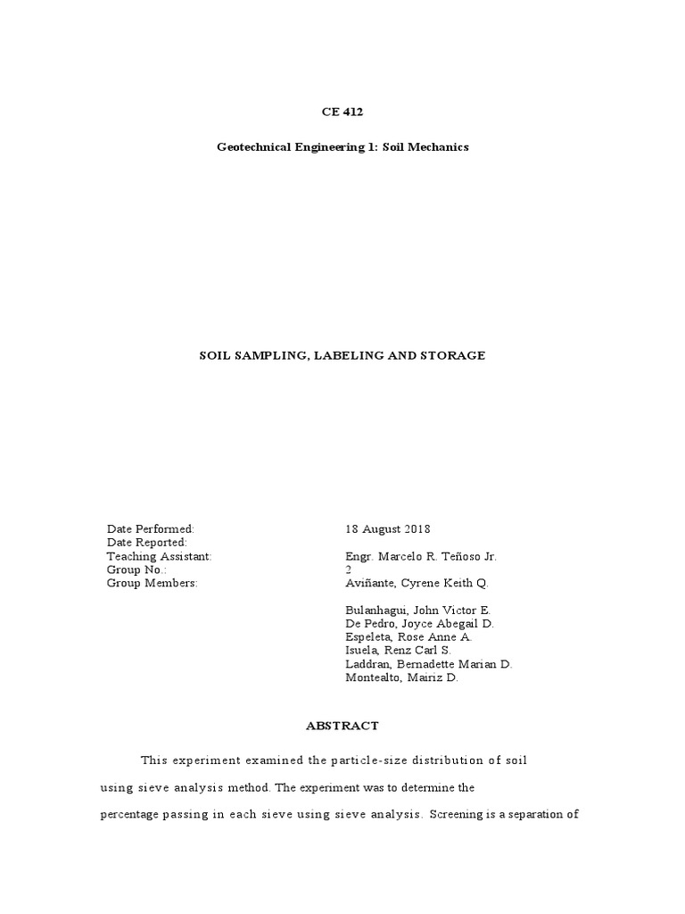 Laboratory Report 1 - Soil Sampling | PDF | Particle Size Distribution ...