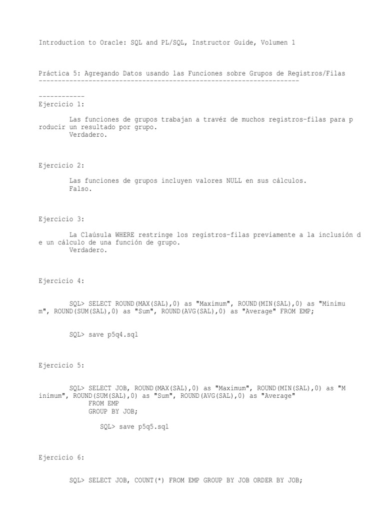 Respuestas Oracle PL-SQL Practica 5 | PDF | Sql | Databases Respuestas Oracle PL-SQL Practica 5 | PDF | Sql | Databases