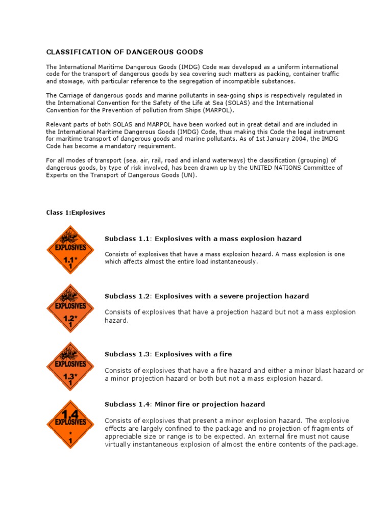 Classification of Dangerous Goods: Class 1:explosives | PDF ...