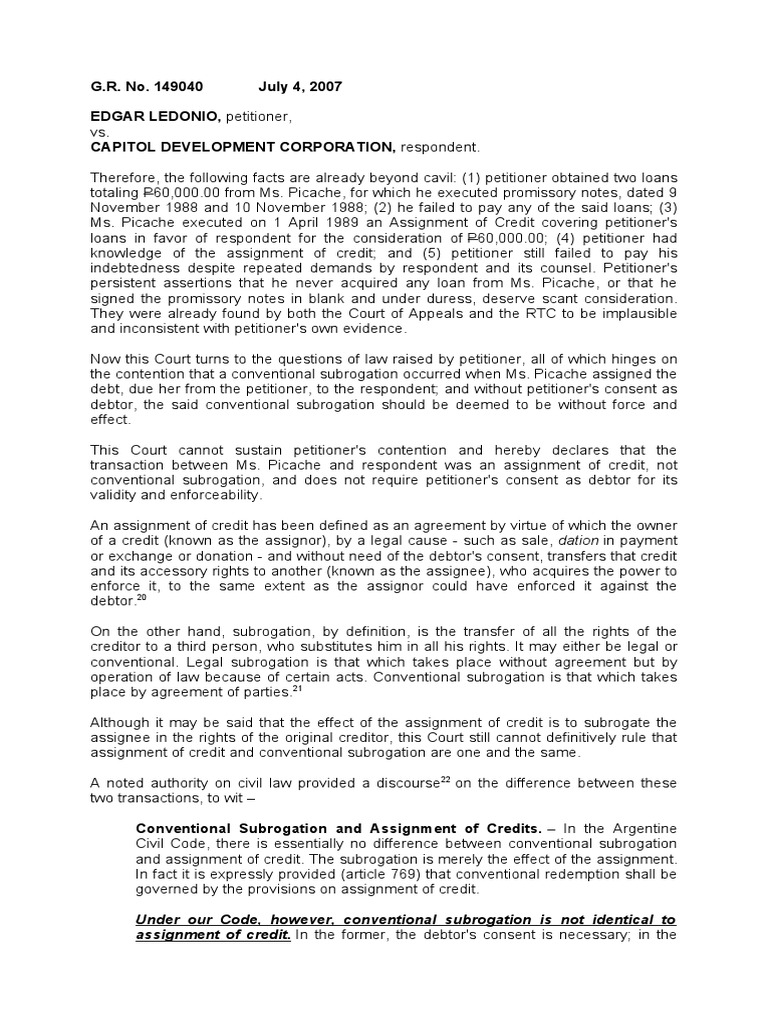 Distinction Subrogation From Assignment of Credits | PDF | Assignment ...