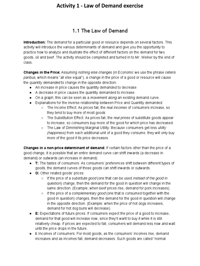 Unit 2 - Activity 1 - Law of Demand Exercise | PDF | Demand Curve | Demand
